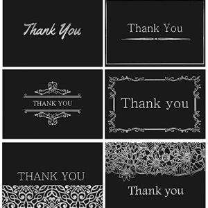 120 Elegant Thank You Cards in Black with Matching Black Envelopes and Sealing Stickers - Thick Quality Cardstock 6 Designs Bulk Notes Embossed with Silver Foil Letters, 4x6 Inches Folded