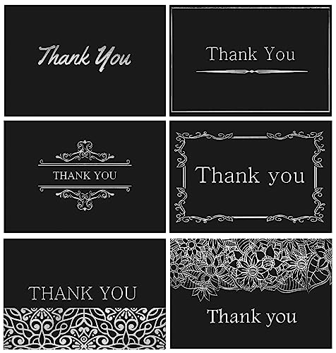 120 Elegant Thank You Cards in Black with Matching Black Envelopes and Sealing Stickers - Thick Quality Cardstock 6 Designs Bulk Notes Embossed with Silver Foil Letters, 4x6 Inches Folded