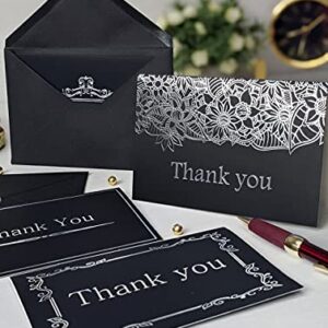 120 Elegant Thank You Cards in Black with Matching Black Envelopes and Sealing Stickers - Thick Quality Cardstock 6 Designs Bulk Notes Embossed with Silver Foil Letters, 4x6 Inches Folded