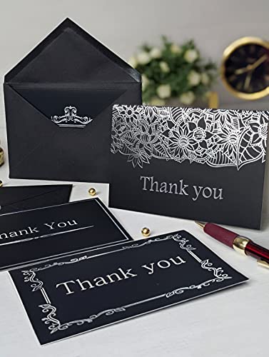 120 Elegant Thank You Cards in Black with Matching Black Envelopes and Sealing Stickers - Thick Quality Cardstock 6 Designs Bulk Notes Embossed with Silver Foil Letters, 4x6 Inches Folded