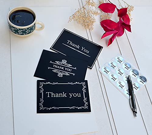 120 Elegant Thank You Cards in Black with Matching Black Envelopes and Sealing Stickers - Thick Quality Cardstock 6 Designs Bulk Notes Embossed with Silver Foil Letters, 4x6 Inches Folded