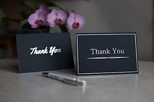 120 Elegant Thank You Cards in Black with Matching Black Envelopes and Sealing Stickers - Thick Quality Cardstock 6 Designs Bulk Notes Embossed with Silver Foil Letters, 4x6 Inches Folded