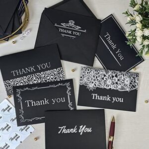 120 Elegant Thank You Cards in Black with Matching Black Envelopes and Sealing Stickers - Thick Quality Cardstock 6 Designs Bulk Notes Embossed with Silver Foil Letters, 4x6 Inches Folded