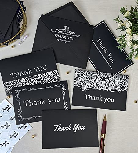 120 Elegant Thank You Cards in Black with Matching Black Envelopes and Sealing Stickers - Thick Quality Cardstock 6 Designs Bulk Notes Embossed with Silver Foil Letters, 4x6 Inches Folded