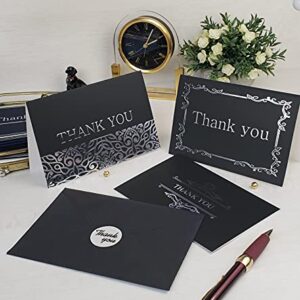 120 Elegant Thank You Cards in Black with Matching Black Envelopes and Sealing Stickers - Thick Quality Cardstock 6 Designs Bulk Notes Embossed with Silver Foil Letters, 4x6 Inches Folded