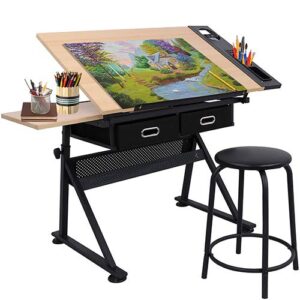 homgarden height adjustable drafting desk drawing table art craft work station w/stool, storage drawers for drawing, reading, writing