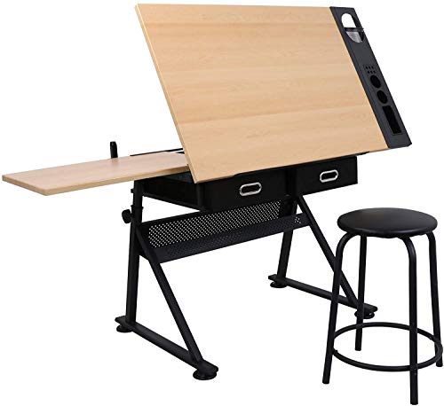 HomGarden Height Adjustable Drafting Desk Drawing Table Art Craft Work Station w/Stool, Storage Drawers for Drawing, Reading, Writing