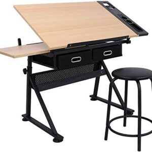 HomGarden Height Adjustable Drafting Desk Drawing Table Art Craft Work Station w/Stool, Storage Drawers for Drawing, Reading, Writing