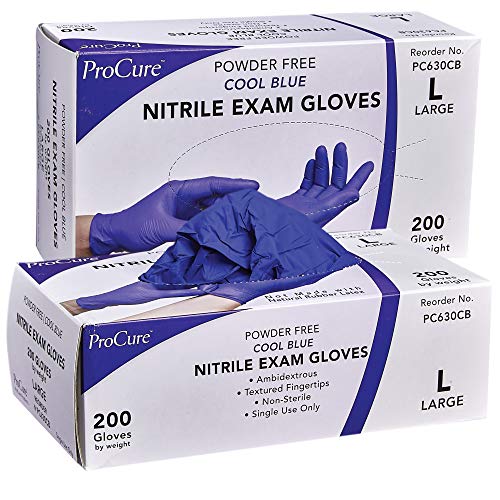 Medical Exam Disposable Nitrile Gloves Large, 400 Count - Powder Free, Rubber Latex Free, Food Safe, Surgical Grade, Ambidextrous, Textured Tips, 3 Mil Thickness - Cool Blue (2 Boxes of 200)