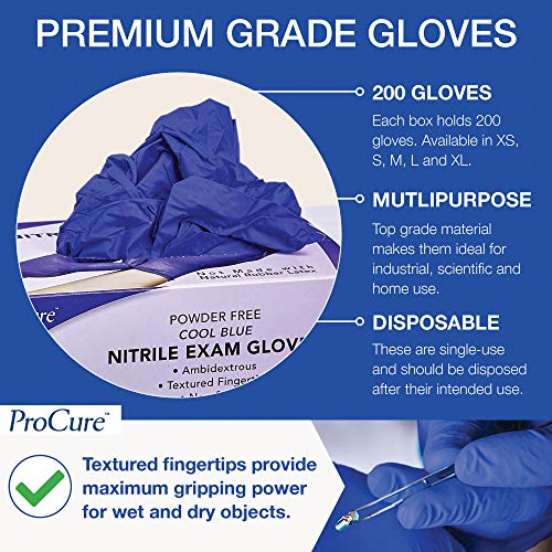 Medical Exam Disposable Nitrile Gloves Large, 400 Count - Powder Free, Rubber Latex Free, Food Safe, Surgical Grade, Ambidextrous, Textured Tips, 3 Mil Thickness - Cool Blue (2 Boxes of 200)