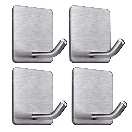 FOTYRIG Heavy Duty Adhesive Hooks Towel Hook Stick on Hooks Wall Hangers Waterproof Stainless Steel Sticky Hooks for Hanging Bathroom Kitchen Home-4 Packs