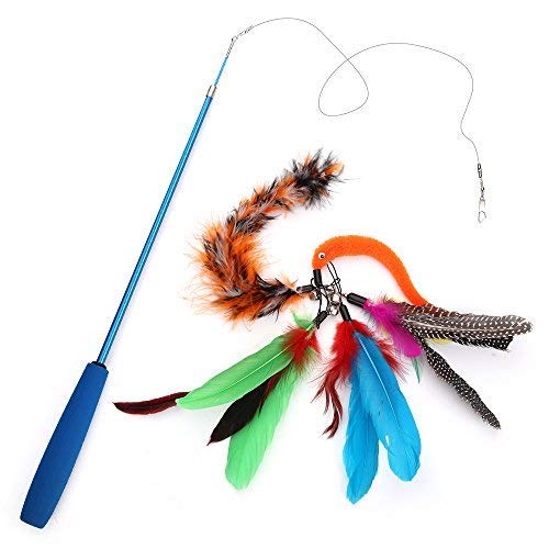 Becory Feather Teaser Cat Toy, Retractable Cat Feather Toy Wand with 5 Assorted Teaser with Bell Refills, Interactive Catcher Teaser for Kitten Or Cat Having Fun Exerciser Playing