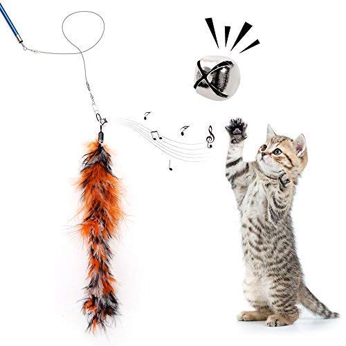 Becory Feather Teaser Cat Toy, Retractable Cat Feather Toy Wand with 5 Assorted Teaser with Bell Refills, Interactive Catcher Teaser for Kitten Or Cat Having Fun Exerciser Playing