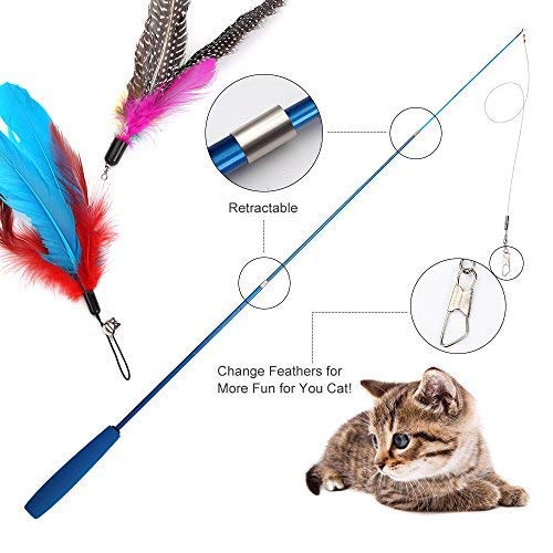 Becory Feather Teaser Cat Toy, Retractable Cat Feather Toy Wand with 5 Assorted Teaser with Bell Refills, Interactive Catcher Teaser for Kitten Or Cat Having Fun Exerciser Playing