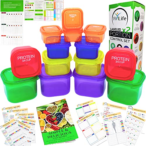 21 Day Portion Control Container kit for Weight Loss 14 Piece Labeled + COMPLETE GUIDE + 21 DAY PLANNER + RECIPE eBOOK - Color Coded Meal Prep System