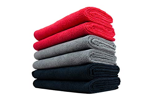 The Rag Company - Car Wash Towel - Professional Microfiber Auto Detailing and Drying Towels, Lint-Free, Streak-Free, Great for General Cleaning, 320gsm, 16in x 27in, Red + Grey + Black (6-Pack)