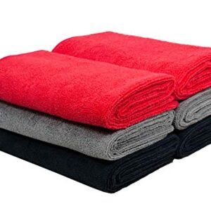 The Rag Company - Car Wash Towel - Professional Microfiber Auto Detailing and Drying Towels, Lint-Free, Streak-Free, Great for General Cleaning, 320gsm, 16in x 27in, Red + Grey + Black (6-Pack)