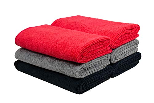 The Rag Company - Car Wash Towel - Professional Microfiber Auto Detailing and Drying Towels, Lint-Free, Streak-Free, Great for General Cleaning, 320gsm, 16in x 27in, Red + Grey + Black (6-Pack)