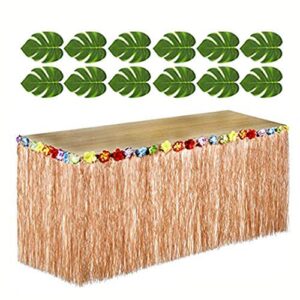 adorox 12 pc tropical green leaves included 1 hawaiian luau hibiscus brown table skirt (9 ft)