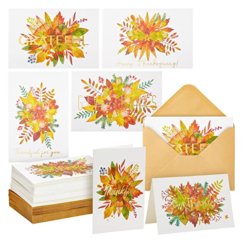 48 Pack Bulk Thanksgiving Greeting Cards and Kraft Envelopes, 6 Fall Designs, Blank Inside (4 x 6 In)