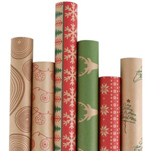 ruspepa christmas wrapping paper - brown kraft paper with red and green pattern for -christmas elements collection-6 roll-30inch x 10feet per roll