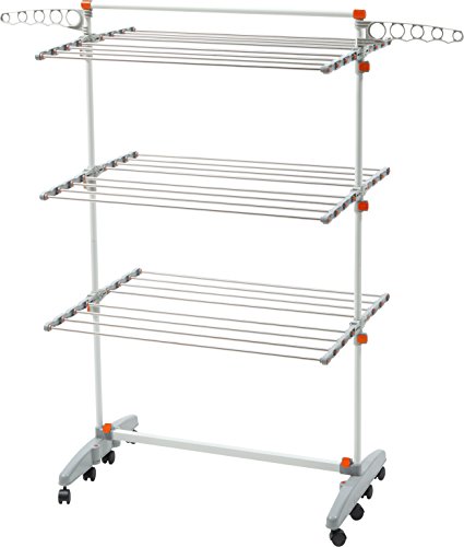 idee BDP-V23 Foldable Rolling 3-Tier Clothes Laundry Drying Rack with Stainless Steel Hanging Rods, Collapsible Shelves and Base for Easy Storage, Made-in-Korea, Premium Size, Orange