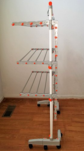 idee BDP-V23 Foldable Rolling 3-Tier Clothes Laundry Drying Rack with Stainless Steel Hanging Rods, Collapsible Shelves and Base for Easy Storage, Made-in-Korea, Premium Size, Orange