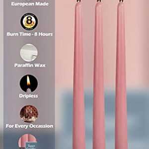 12 Pack Tall Taper Candles - 10 Inch Rose Pink Dripless, Unscented Dinner Candle - Paraffin Wax with Cotton Wicks - 8 Hour Burn Time