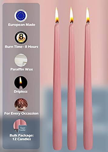 12 Pack Tall Taper Candles - 10 Inch Rose Pink Dripless, Unscented Dinner Candle - Paraffin Wax with Cotton Wicks - 8 Hour Burn Time