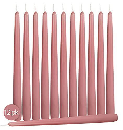 12 Pack Tall Taper Candles - 10 Inch Rose Pink Dripless, Unscented Dinner Candle - Paraffin Wax with Cotton Wicks - 8 Hour Burn Time