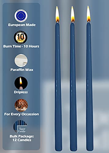 12 Pack Tall Taper Candles - 12 Inch Midnight Blue Dripless, Unscented Dinner Candle - Paraffin Wax with Cotton Wicks - 10 Hour Burn Time