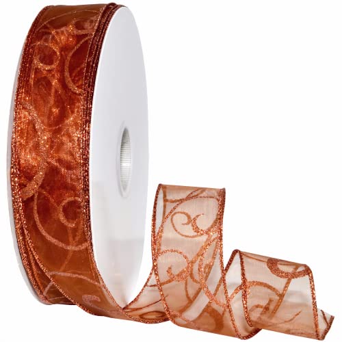 Morex Ribbon 7416.40/50-633 Swirl 1.5" X 50 YD Nylon Sheer Curling Wired Glitter Ribbon, Copper, Holiday Ribbons for Crafts and Christmas Decorations, Indoor Christmas Ribbon for Gift Wrapping