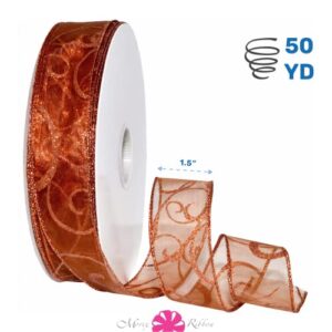 Morex Ribbon 7416.40/50-633 Swirl 1.5" X 50 YD Nylon Sheer Curling Wired Glitter Ribbon, Copper, Holiday Ribbons for Crafts and Christmas Decorations, Indoor Christmas Ribbon for Gift Wrapping