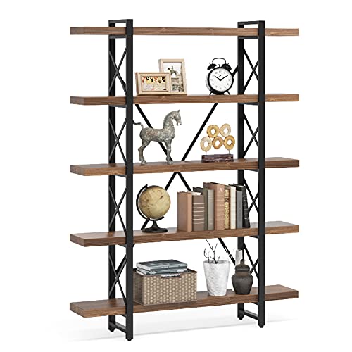 LITTLE TREE 5 Tier Bookcase, Solid Wood 5-Shelf Industrial Style Bookcases and Book Shelves, Metal and Wood Free Vintage Bookshelf (Wood)