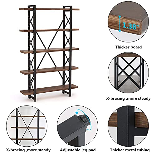 LITTLE TREE 5 Tier Bookcase, Solid Wood 5-Shelf Industrial Style Bookcases and Book Shelves, Metal and Wood Free Vintage Bookshelf (Wood)