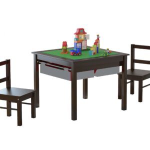 UTEX Wooden 2 in 1 Kids Construction Play Table and 2 Chairs Set with Storage Drawers, and Built in Plate Compatible with Lego and Duplo Bricks (Espresso with Grey Drawer)