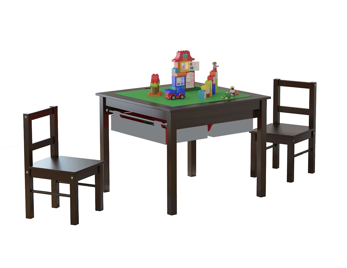 UTEX Wooden 2 in 1 Kids Construction Play Table and 2 Chairs Set with Storage Drawers, and Built in Plate Compatible with Lego and Duplo Bricks (Espresso with Grey Drawer)