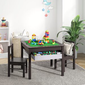 UTEX Wooden 2 in 1 Kids Construction Play Table and 2 Chairs Set with Storage Drawers, and Built in Plate Compatible with Lego and Duplo Bricks (Espresso with Grey Drawer)