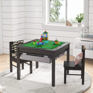 UTEX Wooden 2 in 1 Kids Construction Play Table and 2 Chairs Set with Storage Drawers, and Built in Plate Compatible with Lego and Duplo Bricks (Espresso with Grey Drawer)