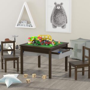 UTEX Wooden 2 in 1 Kids Construction Play Table and 2 Chairs Set with Storage Drawers, and Built in Plate Compatible with Lego and Duplo Bricks (Espresso with Grey Drawer)