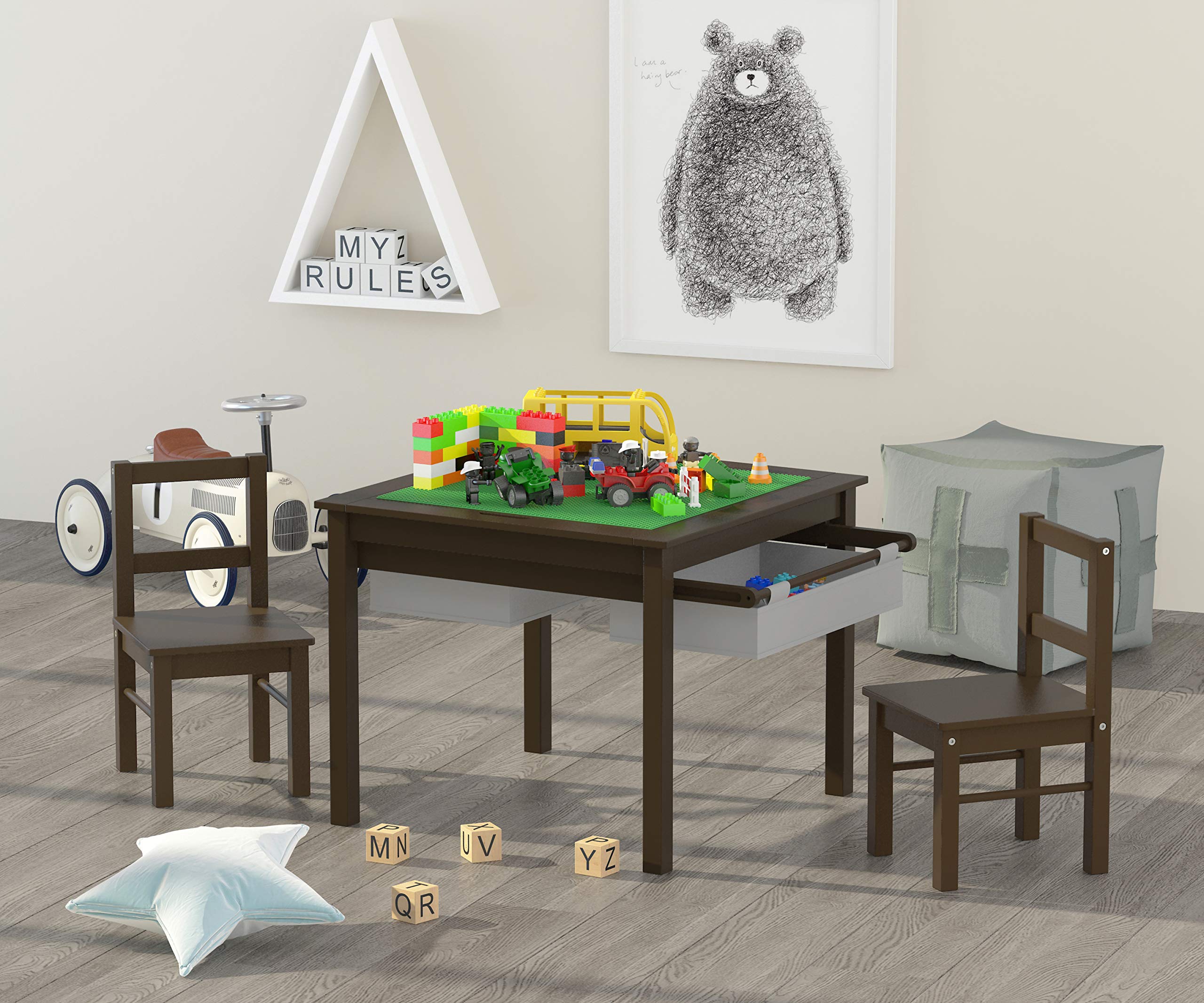 UTEX Wooden 2 in 1 Kids Construction Play Table and 2 Chairs Set with Storage Drawers, and Built in Plate Compatible with Lego and Duplo Bricks (Espresso with Grey Drawer)