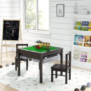 UTEX Wooden 2 in 1 Kids Construction Play Table and 2 Chairs Set with Storage Drawers, and Built in Plate Compatible with Lego and Duplo Bricks (Espresso with Grey Drawer)