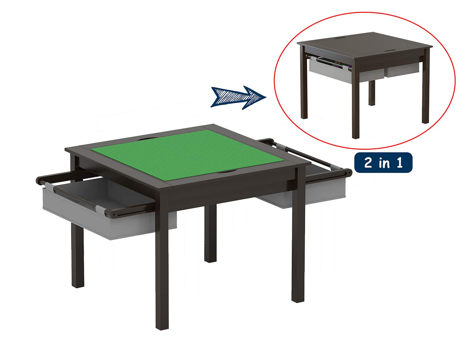 UTEX Wooden 2 in 1 Kids Construction Play Table and 2 Chairs Set with Storage Drawers, and Built in Plate Compatible with Lego and Duplo Bricks (Espresso with Grey Drawer)