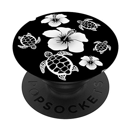 Black And White Hawaiian Island Floral Turtles PopSockets PopGrip: Swappable Grip for Phones & Tablets