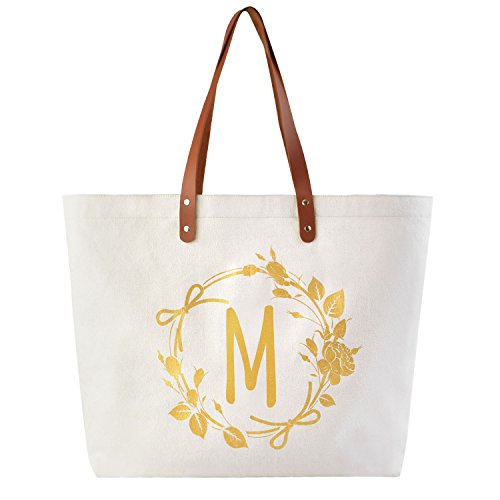 ELEGANTPARK Birthday Gifts for Women Mom Friend Personalized Bag with M Letter Teacher Gifts Bridesmaid Gifts Monogrammed Gifts for Women Canvas Tote Bag Ivory with Pocket