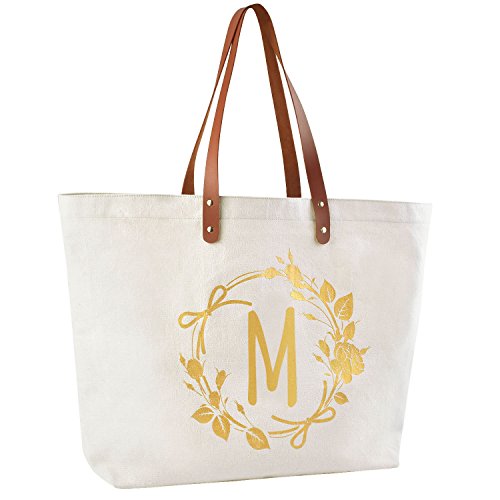 ELEGANTPARK Birthday Gifts for Women Mom Friend Personalized Bag with M Letter Teacher Gifts Bridesmaid Gifts Monogrammed Gifts for Women Canvas Tote Bag Ivory with Pocket