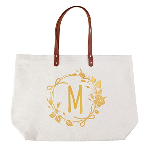 ELEGANTPARK Birthday Gifts for Women Mom Friend Personalized Bag with M Letter Teacher Gifts Bridesmaid Gifts Monogrammed Gifts for Women Canvas Tote Bag Ivory with Pocket