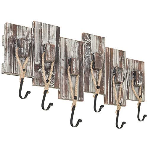 MyGift Wall Mounted Coat Rack, Rustic Nautical-Style Wall-Mounted Torched Wood Coat Rack with 6 Rope and Matte Black Metal Hooks