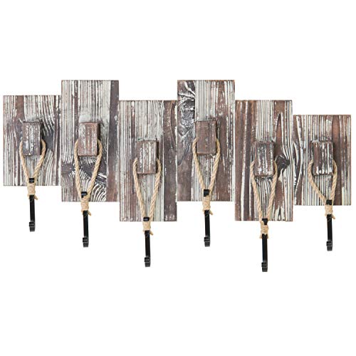 MyGift Wall Mounted Coat Rack, Rustic Nautical-Style Wall-Mounted Torched Wood Coat Rack with 6 Rope and Matte Black Metal Hooks