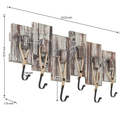 MyGift Wall Mounted Coat Rack, Rustic Nautical-Style Wall-Mounted Torched Wood Coat Rack with 6 Rope and Matte Black Metal Hooks